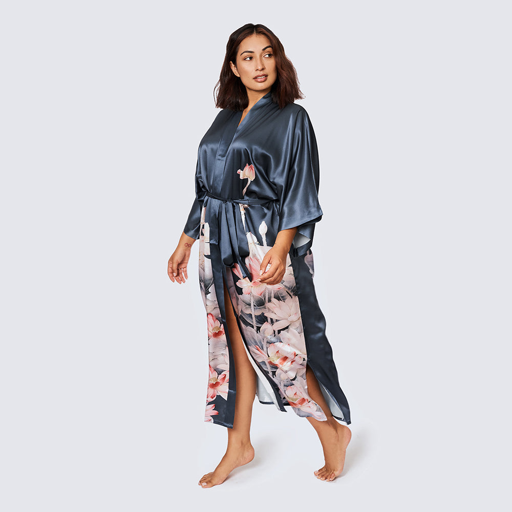 Lotus Plus Size Washable Silk Kimono Robe - Long | KIM+ONO – kimandono.com