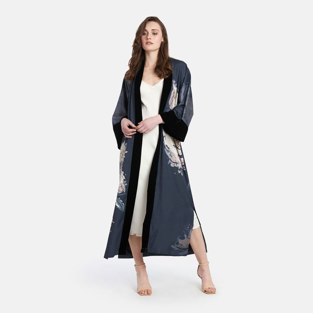 Jia Long Kimono Wrap | Charmeuse Kimono Robe with Velvet Trim ...